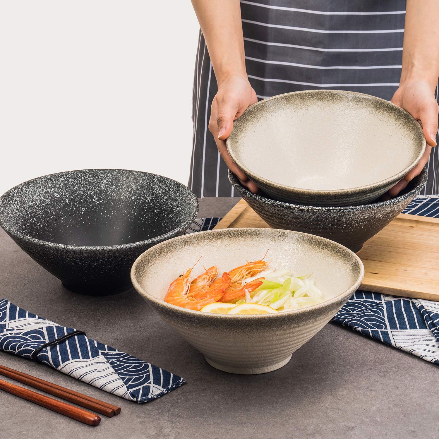 Alex Kato Ceramic Japanese Ramen Bowls Set of 2-60 ounce Large Noodle Soup Bowl, with Chopsticks and Spoon for Asian Pho Udon Soba (White)