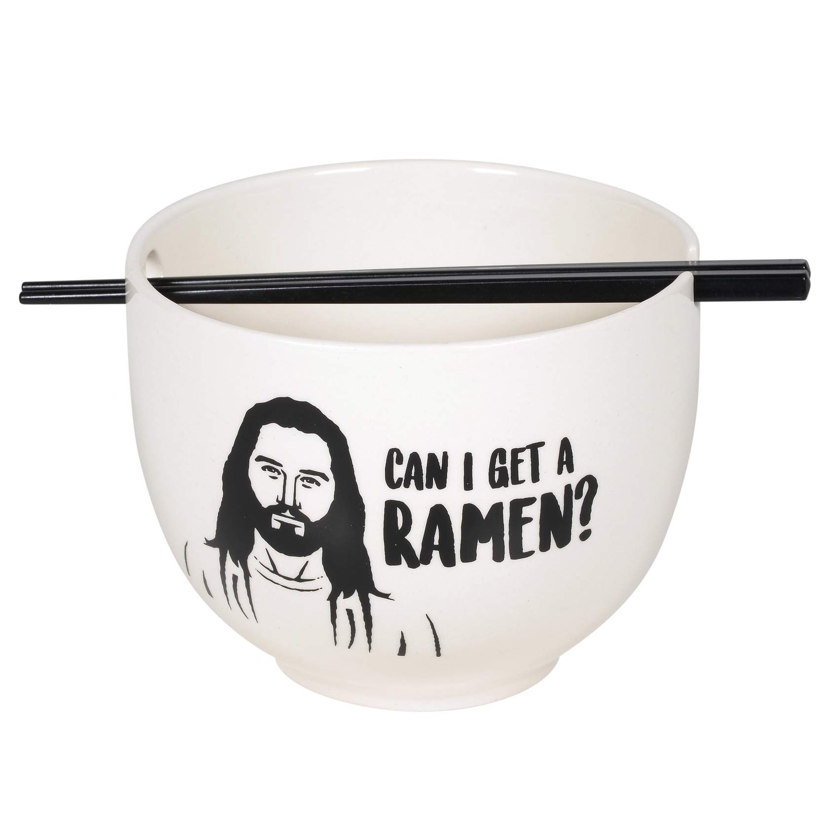 Enesco Our Name is Mud Jesus Can I Get a Ramen Bowl and Chopsticks Set, 5.25 Inch, Black and White