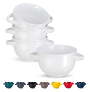 kook soup bowls, french onion soup bowls, soup crocks, oven safe bowls, soup mugs, ceramic bowls with handles, for rice, dessert, pasta, dishwasher, microwave, set of 4, 18 oz (white)