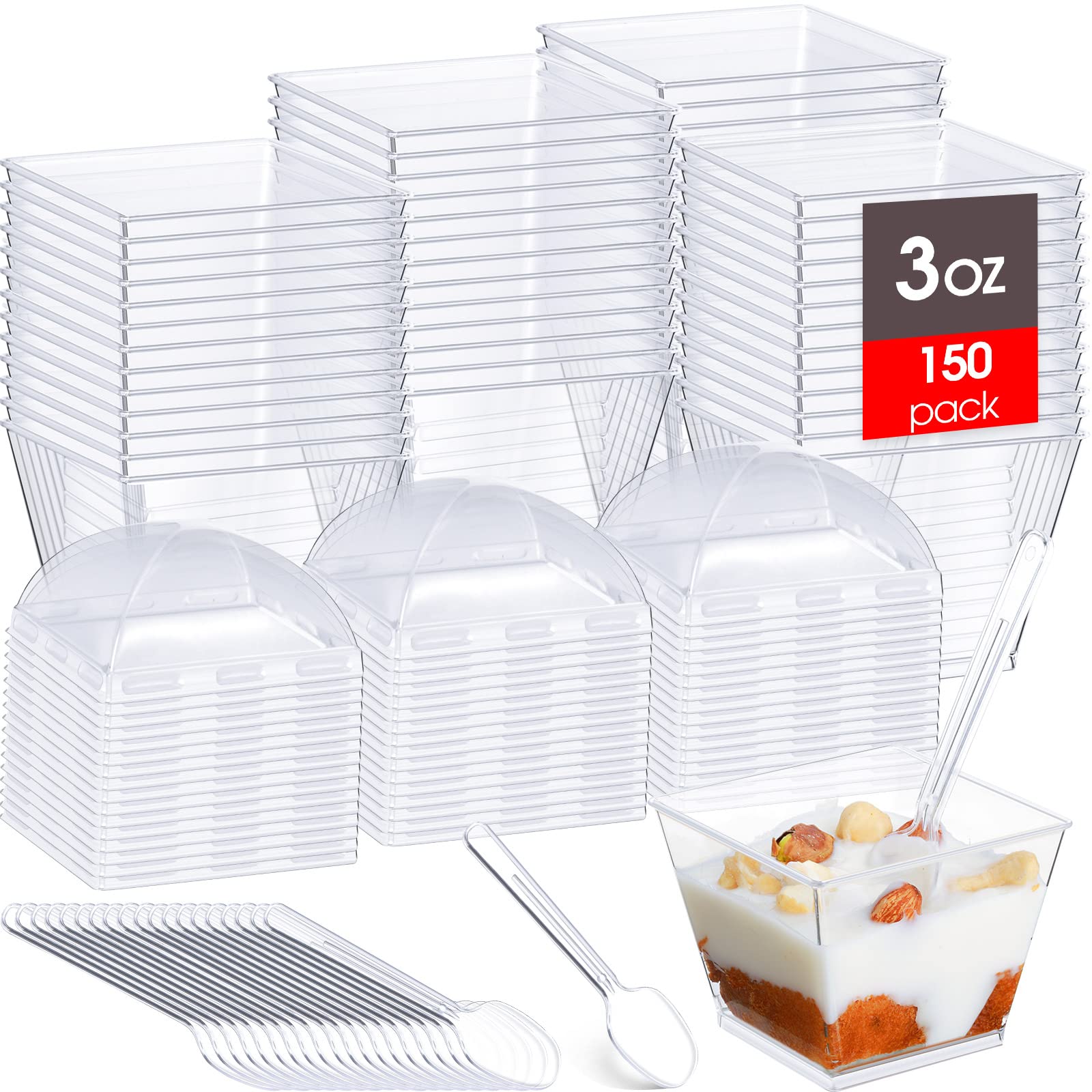 Mimorou 150 Pack 3 oz Plastic Dessert Cups with Lids and Spoons Square Parfait Cups Clear Appetizer Cups Disposable Ice Cream Containers for Cupcake, Pudding, Snacks, Yogurt