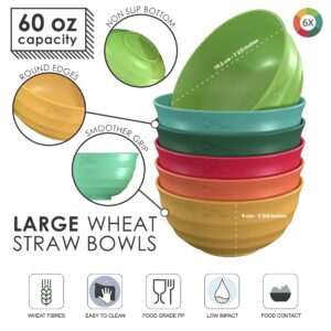 DINETHICS 60-OZ 6 Big Bowl Set - Unbreakable Microwave Safe Bowls - Large Salad Bowls Large Serving Bowls For Kitchen - Large Cereal Bowls - Wheat Straw Bowls - Big Breakfast Bowl for Ramen,Soup,Snack