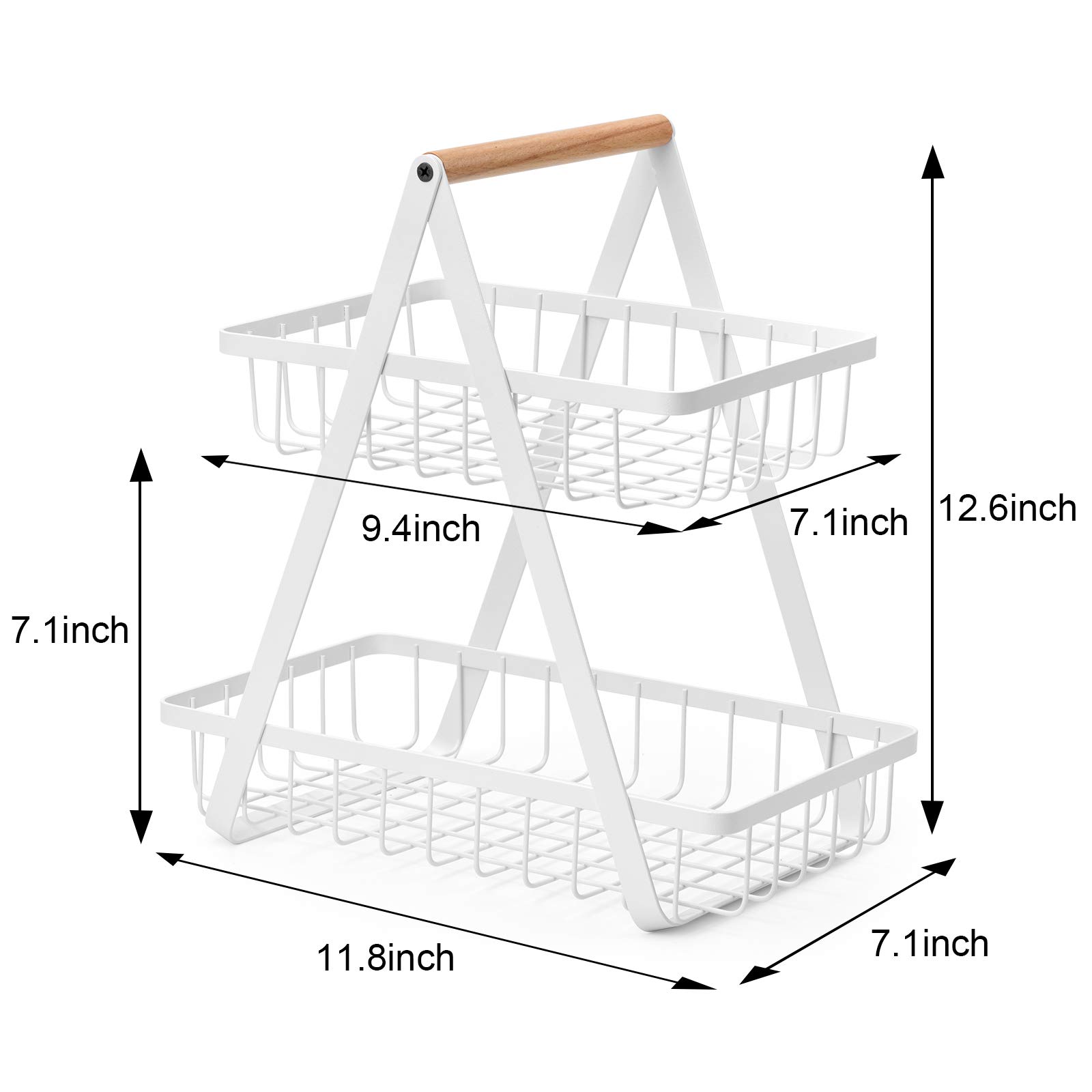 2-Tier Fruit Basket, Metal Fruit Bowl Bread Baskets Countertop Vegatable Storage Stand for Kitchen, White