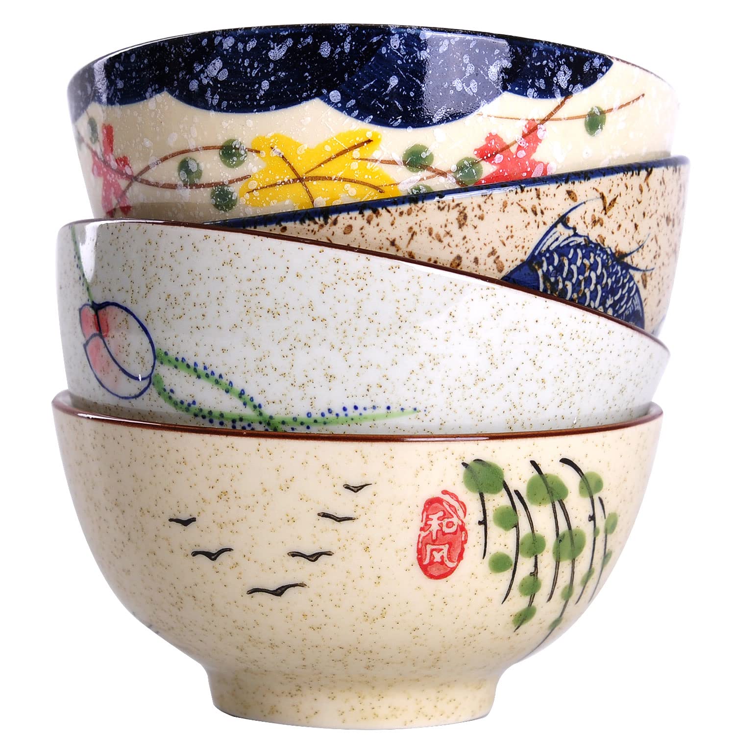 WHJY 4.5 inch Set in 4 Retro Chinese Japanese Creative Hand-painted Floral Cereal Ceramic Soup Rice Bowl