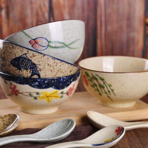 WHJY 4.5 inch Set in 4 Retro Chinese Japanese Creative Hand-painted Floral Cereal Ceramic Soup Rice Bowl