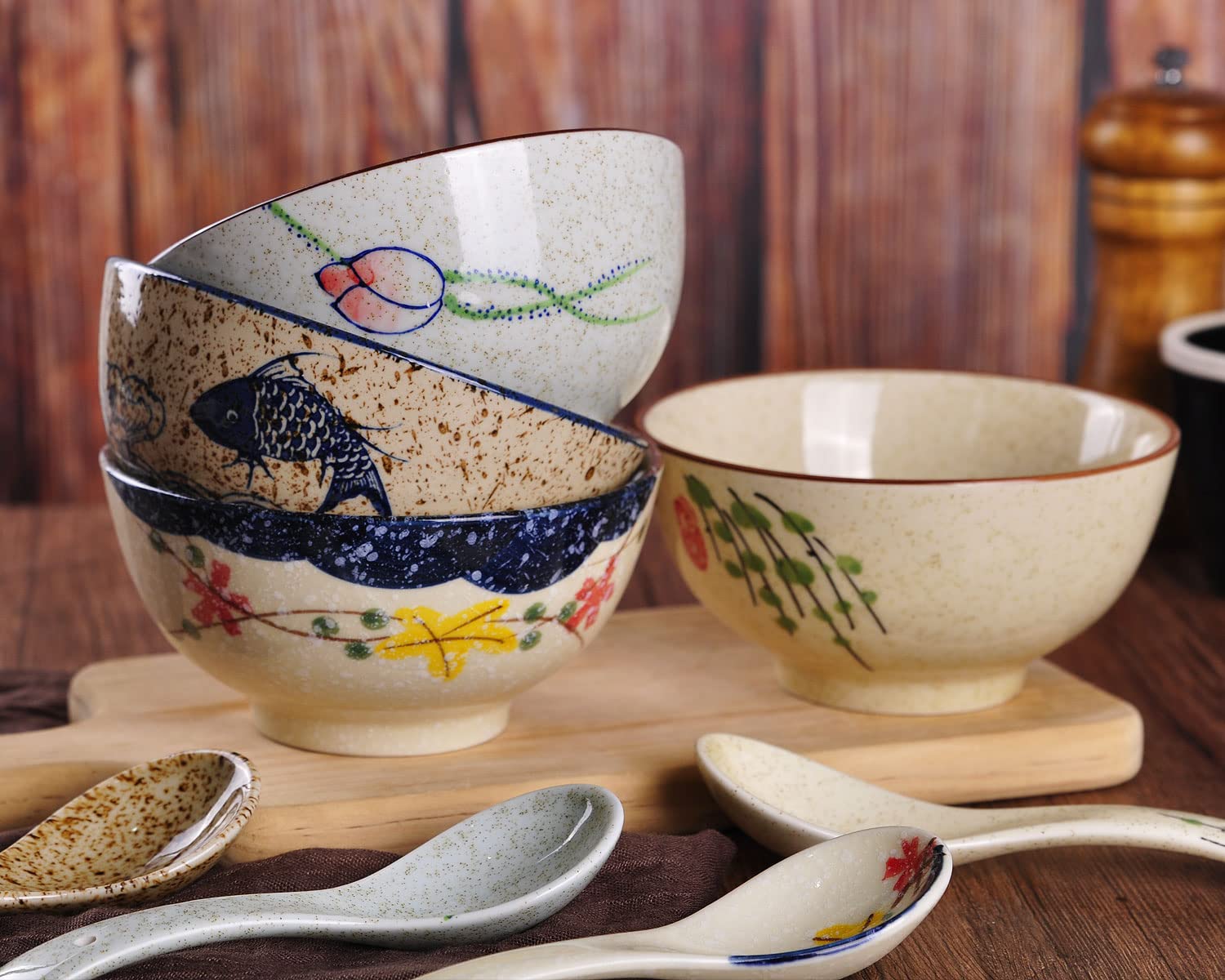 WHJY 4.5 inch Set in 4 Retro Chinese Japanese Creative Hand-painted Floral Cereal Ceramic Soup Rice Bowl