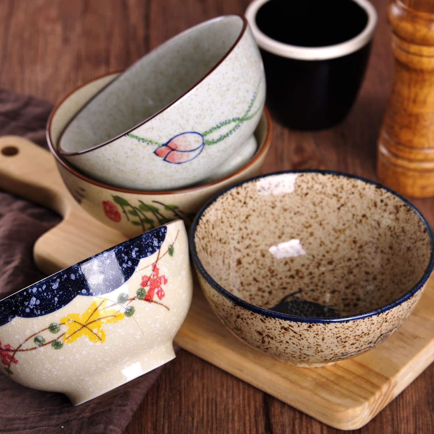 WHJY 4.5 inch Set in 4 Retro Chinese Japanese Creative Hand-painted Floral Cereal Ceramic Soup Rice Bowl