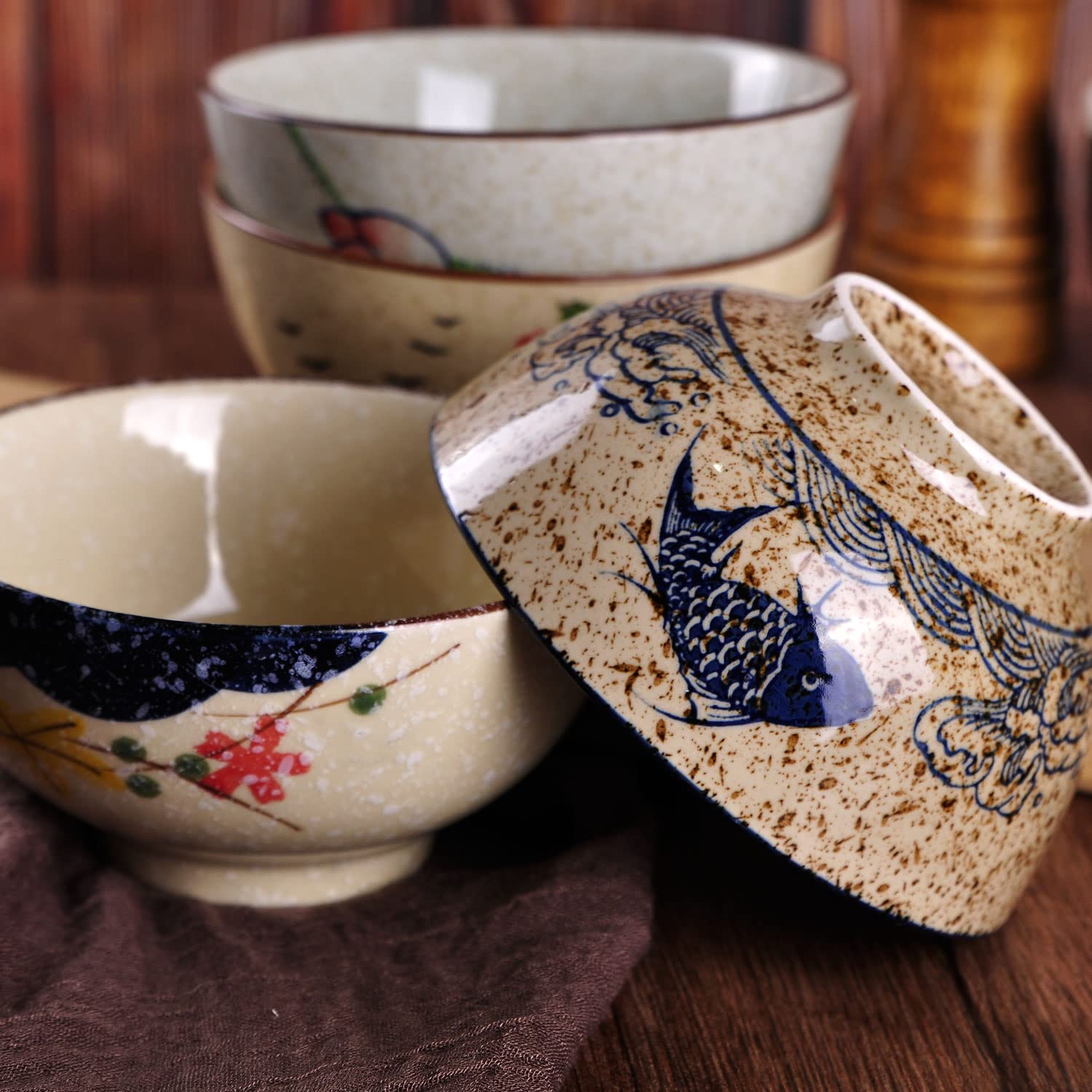 WHJY 4.5 inch Set in 4 Retro Chinese Japanese Creative Hand-painted Floral Cereal Ceramic Soup Rice Bowl