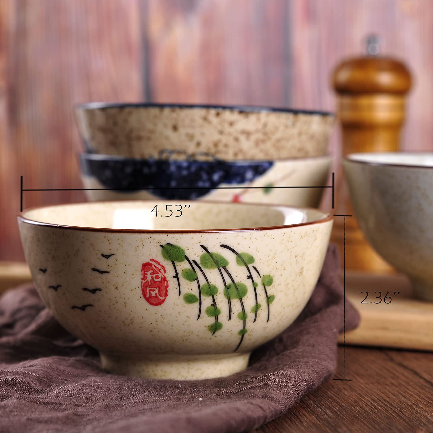 WHJY 4.5 inch Set in 4 Retro Chinese Japanese Creative Hand-painted Floral Cereal Ceramic Soup Rice Bowl