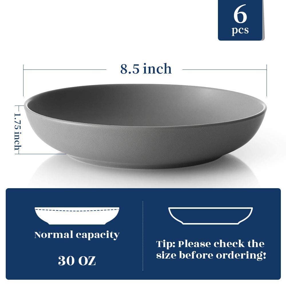 Y YHY Pasta Bowls Set of 6, Large Salad Serving Bowls, Porcelain Soup Bowls 30 Ounces, Wide and Flat, Microwave Dishwasher Safe, Matte Grey