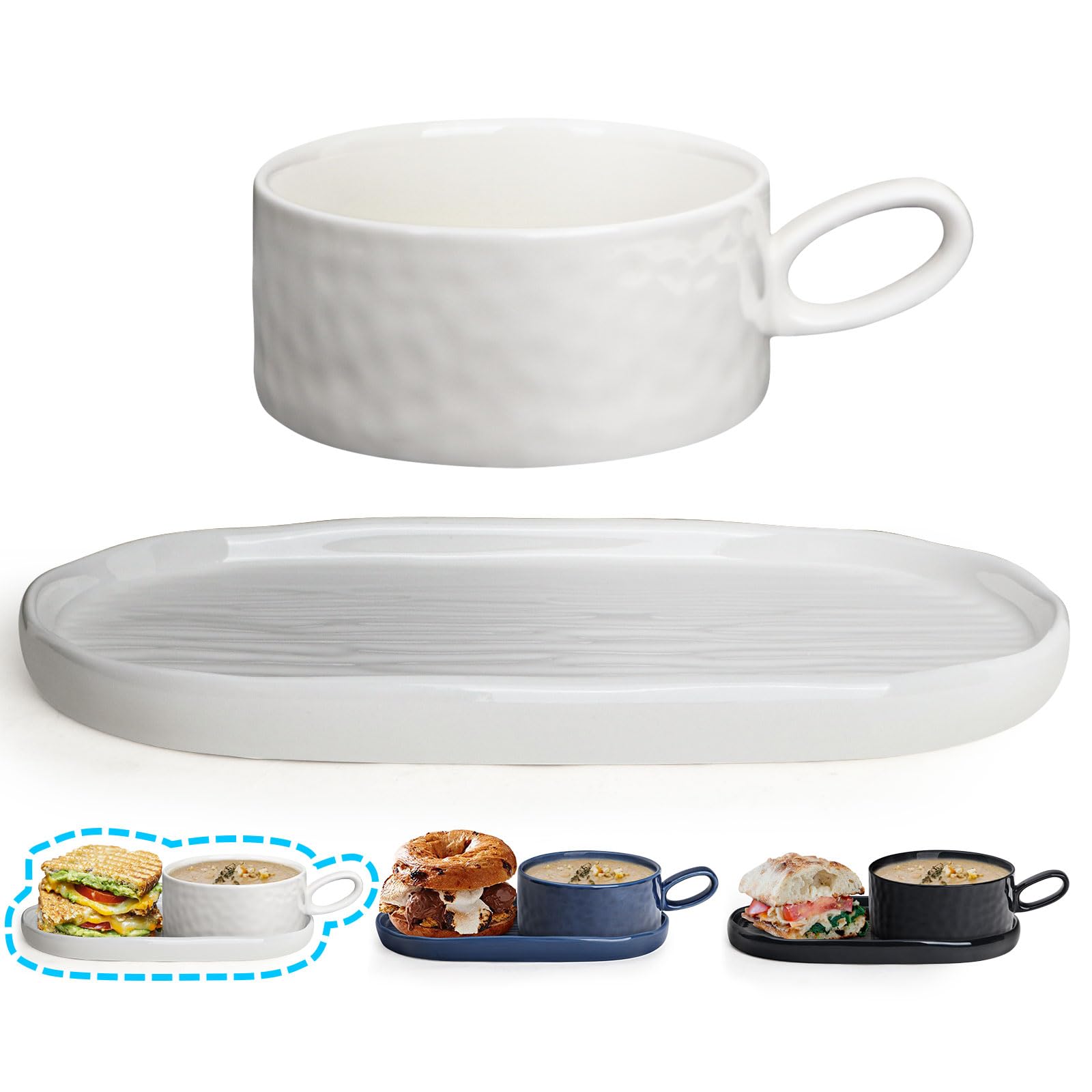 Wareland Soup Bowl with Handle & Salad Plate, Soup and Sandwich Plate Combo, 18oz Soup Mug/Cup for Cereal, Ceramic Pasta Plate for Appetizer, Dessert, Rice, Dishwasher & Microwave Safe, Cream White