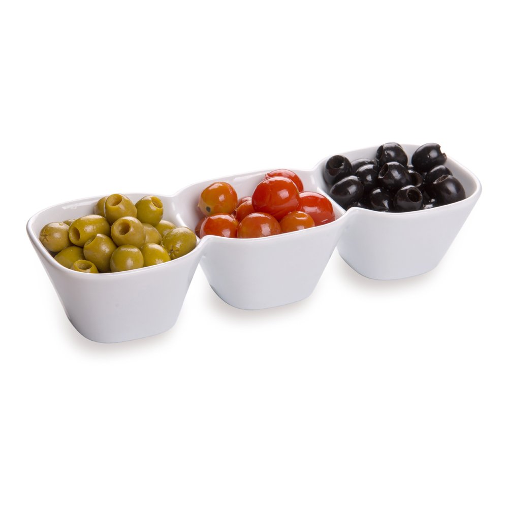 Restaurantware 18 Ounce Triple Bowl Serving Dish 1 Square Porcelain Condiment Tray - Serve Snacks Dips or Condiments For Parties Buffets Or Catering White Porcelain 3 Section Serving Dish