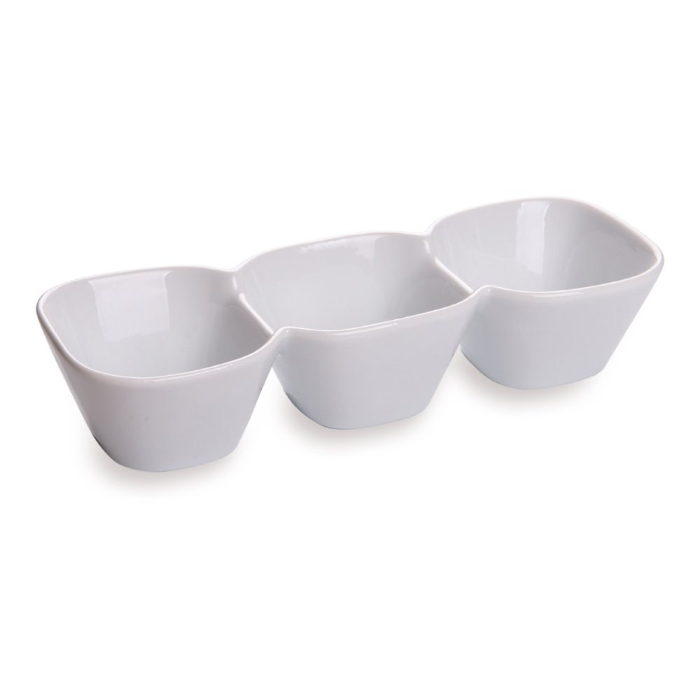 Restaurantware 18 Ounce Triple Bowl Serving Dish 1 Square Porcelain Condiment Tray - Serve Snacks Dips or Condiments For Parties Buffets Or Catering White Porcelain 3 Section Serving Dish