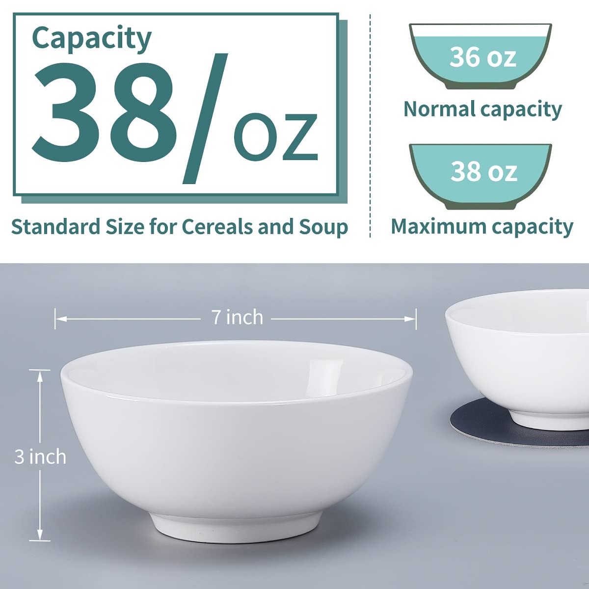 Wwyybfk 38oz Ceramic Soup Bowls, 7'' White Cereal Bowls Reusable Porcelain Bowl Set with Heat Insulation Pads Dishwasher & Microwave Safe for Home Kitchen Use