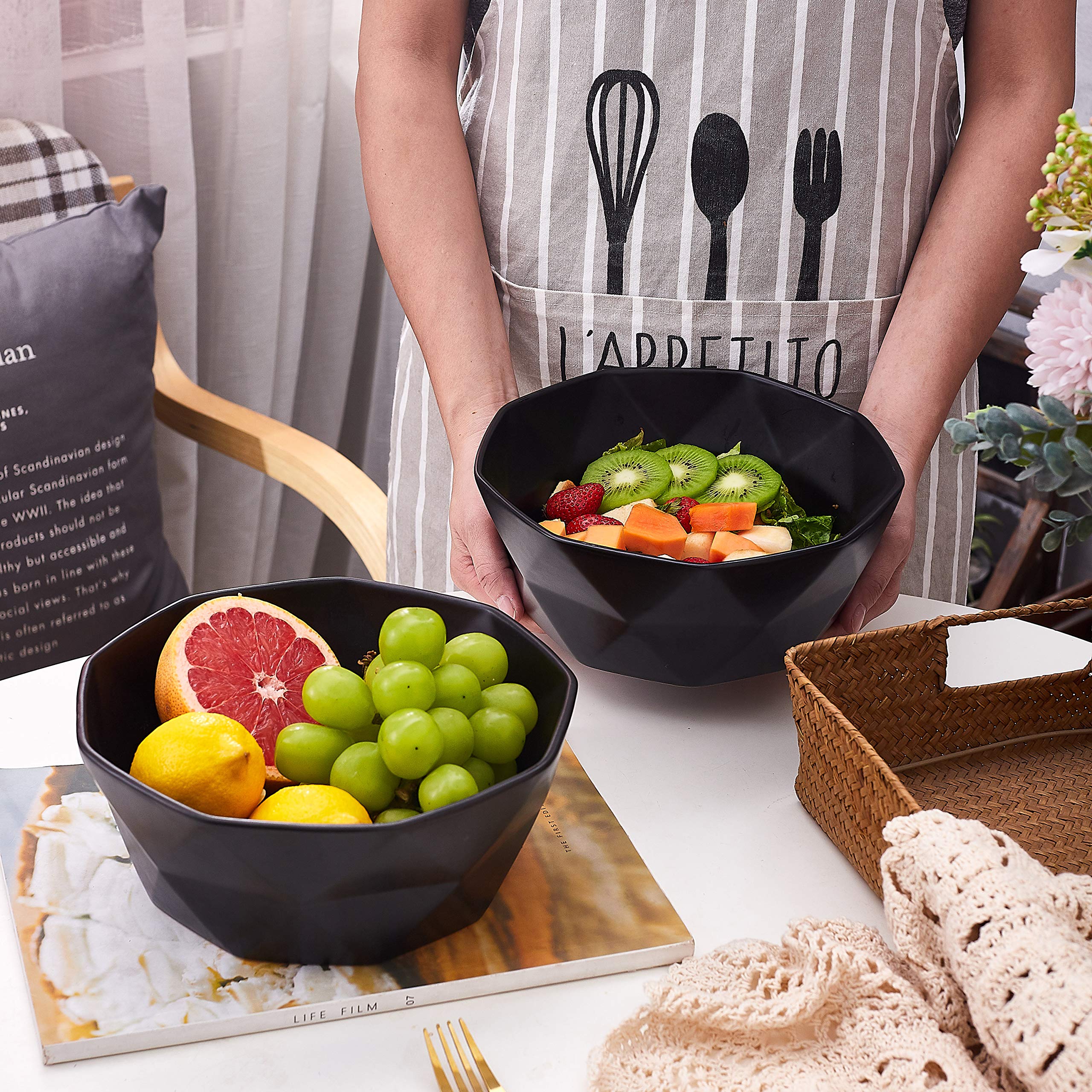 Bruntmor Geometric Ceramic 60 oz Bowls - Oven To Table Bakeware Bowls - Elegant Matte Serving Bowls for Soup, Cereal, Salads, Pasta, Dessert & Snack Bowls - Oven Safe Bake And Serve Bowls, Black