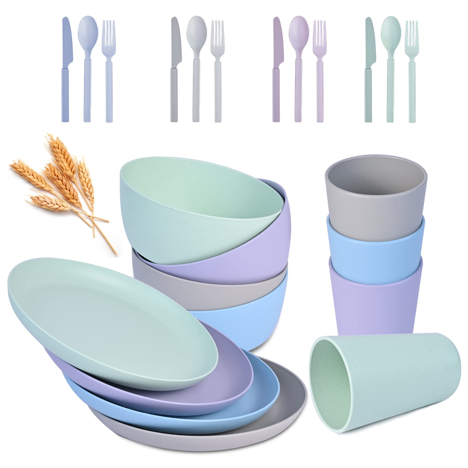 Wheat Straw Dinnerware Sets - 24 pcs Lightweight Bowls Unbreakable Dish Set Dishwasher Microwave Safe Wheat Straw Cups Cutlery Plates and Bowls Set for 4 Suitable for Camping Party Grill（Four Colors）