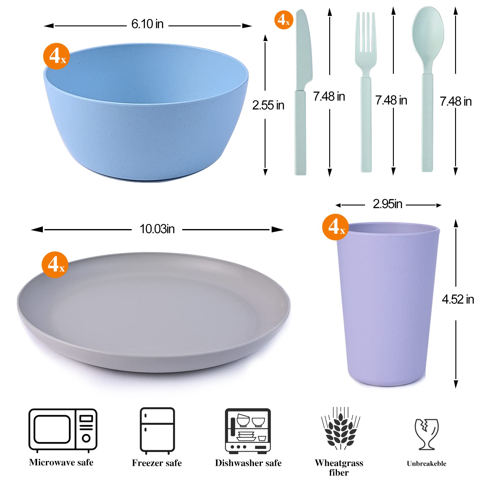 Wheat Straw Dinnerware Sets - 24 pcs Lightweight Bowls Unbreakable Dish Set Dishwasher Microwave Safe Wheat Straw Cups Cutlery Plates and Bowls Set for 4 Suitable for Camping Party Grill（Four Colors）