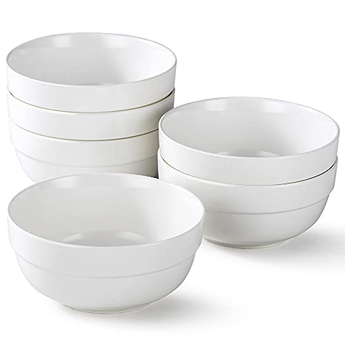 HAPPY KIT 6" Ceramic Soup Bowls, Cereal Bowls Set of 6, 24OZ White Bowls for Kitchen, Serving Bowls for Cereal Soup Rice Pasta Salad Oatmeal, Thick-edge Non-slip Design