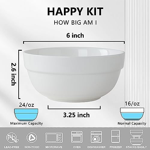 HAPPY KIT 6" Ceramic Soup Bowls, Cereal Bowls Set of 6, 24OZ White Bowls for Kitchen, Serving Bowls for Cereal Soup Rice Pasta Salad Oatmeal, Thick-edge Non-slip Design