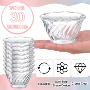 Rtteri 30 Pack Plastic Dessert Cups 6 oz Clear Ice Cream Sundae Tasting Bowls, Mini Round Swirl Tulip Shape Party Buffet Serving Cups for Yogurt Salad Appetizer Chocolate Candy Parfait Fruit