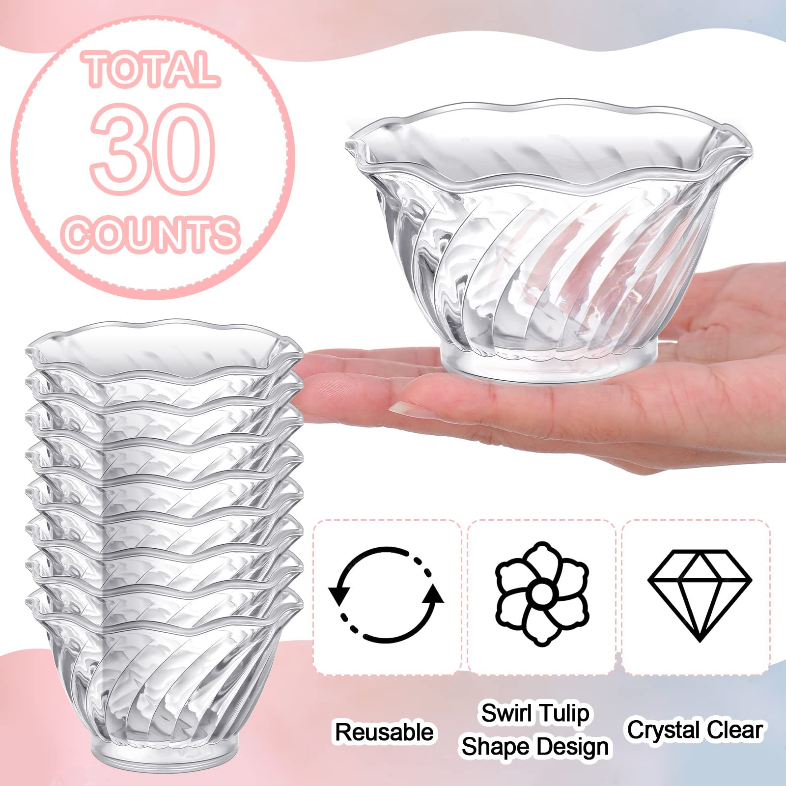 Rtteri 30 Pack Plastic Dessert Cups 6 oz Clear Ice Cream Sundae Tasting Bowls, Mini Round Swirl Tulip Shape Party Buffet Serving Cups for Yogurt Salad Appetizer Chocolate Candy Parfait Fruit