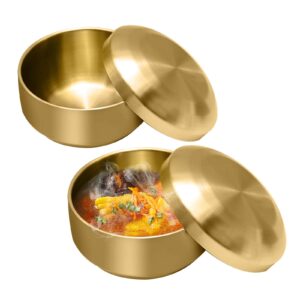 mdeoosky 2pcs 304 stainless steel rice bowls, gold metal bowl with lid, double layer anti scalding bowl, rice bowls soup bowl salad bowl noodle bowl for korean kitchen restaurant, 4.92 inch