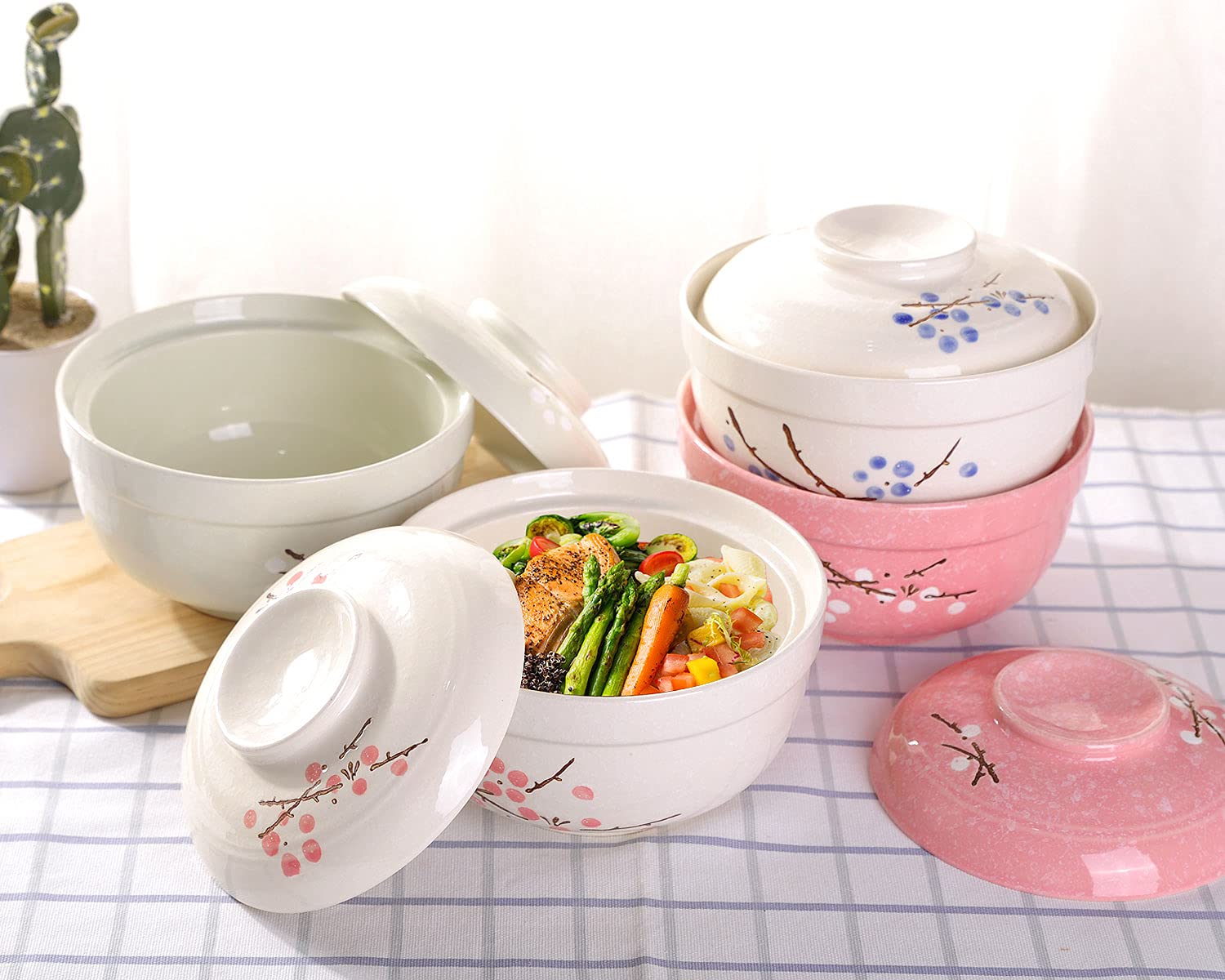 WHJY Japanese Creative Hand-painted Ceramic Tableware with Lid for Soup and Noodles, with Heat Preservation Function, Integrated Bowl and Lid - Pink