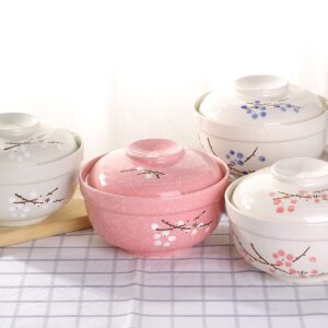 WHJY Japanese Creative Hand-painted Ceramic Tableware with Lid for Soup and Noodles, with Heat Preservation Function, Integrated Bowl and Lid - Pink