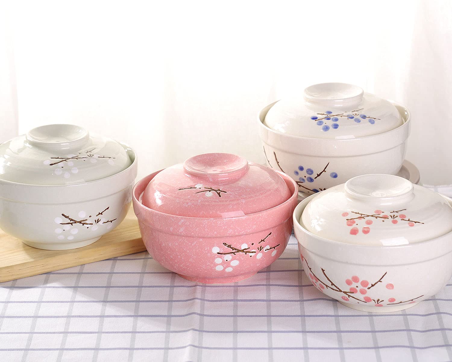 WHJY Japanese Creative Hand-painted Ceramic Tableware with Lid for Soup and Noodles, with Heat Preservation Function, Integrated Bowl and Lid - Pink