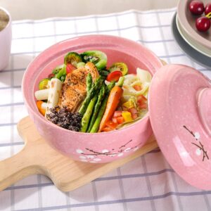 WHJY Japanese Creative Hand-painted Ceramic Tableware with Lid for Soup and Noodles, with Heat Preservation Function, Integrated Bowl and Lid - Pink