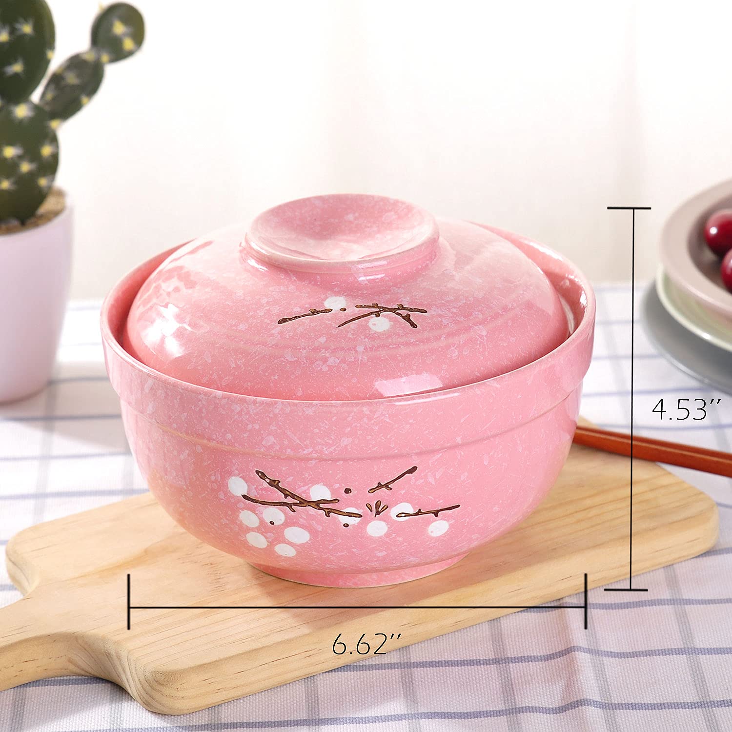 WHJY Japanese Creative Hand-painted Ceramic Tableware with Lid for Soup and Noodles, with Heat Preservation Function, Integrated Bowl and Lid - Pink