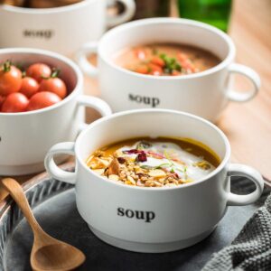 LAUCHUH Soup Bowls Porcelain Soup Crocks with Handles Stackable Soup Mugs for French Onion Bowl Set with Serving Stand 27 ounces for Salad Cereal Fruit