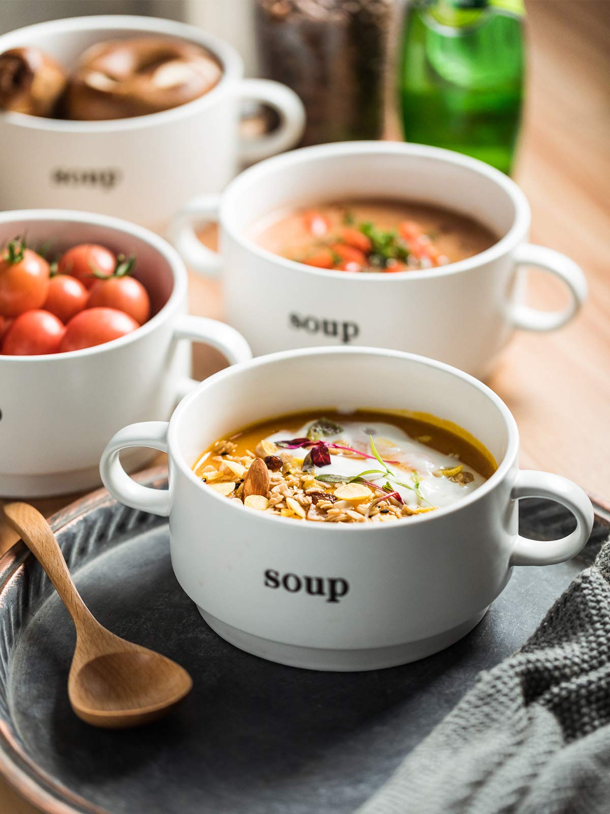 LAUCHUH Soup Bowls Porcelain Soup Crocks with Handles Stackable Soup Mugs for French Onion Bowl Set with Serving Stand 27 ounces for Salad Cereal Fruit