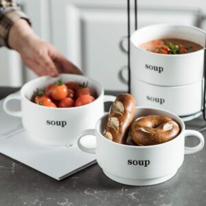 LAUCHUH Soup Bowls Porcelain Soup Crocks with Handles Stackable Soup Mugs for French Onion Bowl Set with Serving Stand 27 ounces for Salad Cereal Fruit