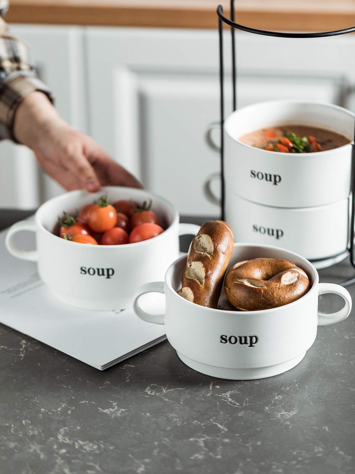 LAUCHUH Soup Bowls Porcelain Soup Crocks with Handles Stackable Soup Mugs for French Onion Bowl Set with Serving Stand 27 ounces for Salad Cereal Fruit