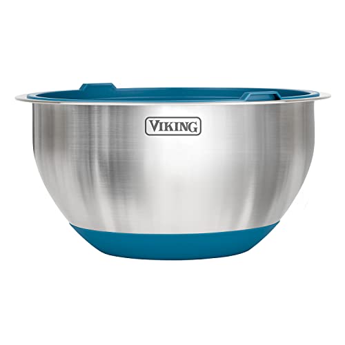 VIKING Culinary Stainless Steel Mixing Bowl Set, 10 piece, Non-slip Silicone Base, Includes Airtight Lids, Dishwasher Safe, Teal