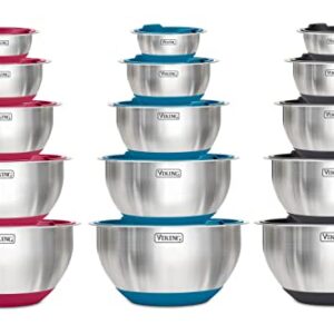 VIKING Culinary Stainless Steel Mixing Bowl Set, 10 piece, Non-slip Silicone Base, Includes Airtight Lids, Dishwasher Safe, Teal