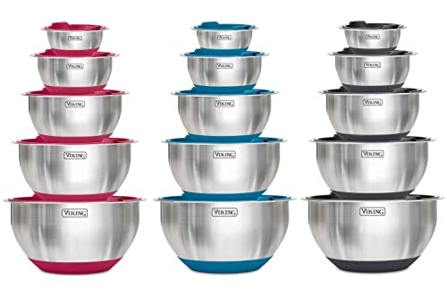 VIKING Culinary Stainless Steel Mixing Bowl Set, 10 piece, Non-slip Silicone Base, Includes Airtight Lids, Dishwasher Safe, Teal