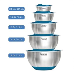 VIKING Culinary Stainless Steel Mixing Bowl Set, 10 piece, Non-slip Silicone Base, Includes Airtight Lids, Dishwasher Safe, Teal