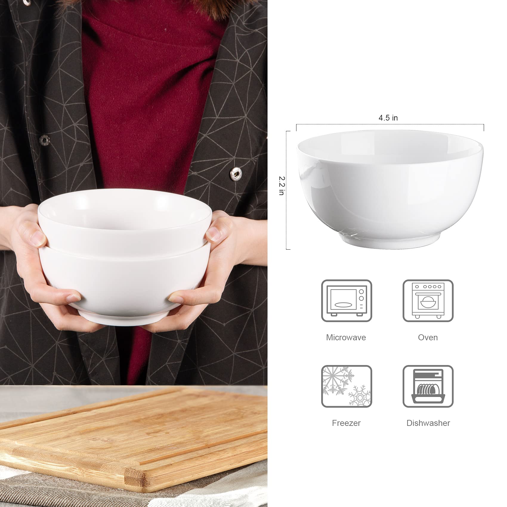 Cibeat 10 Ounce Porcelain Bowls Set 8 Pack Premium White Ceramic Bowls for Cereal, Soup, Salad, Pasta, Prep, Rice, Ice cream, Microwave & Dishwasher Safe