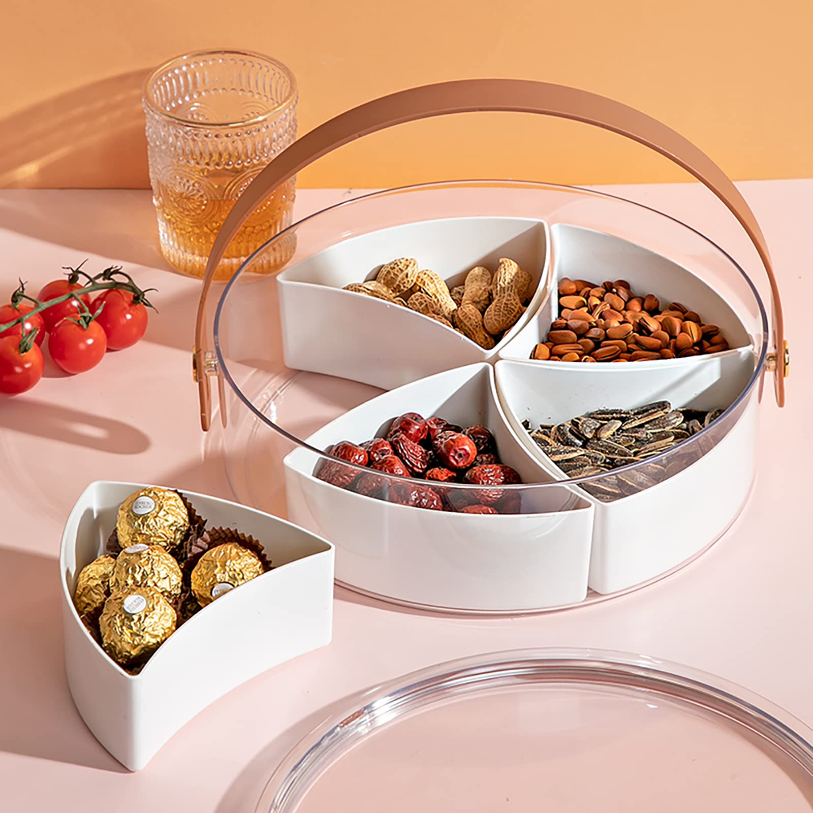 Clear Divided Serving Tray with Lid & Handle, Portable Round Plastic Veggie Tray, Platter Food Storage Container Box for Candy, Appetizer, Snack, Dried Fruit, Nuts, Vegetable, Party