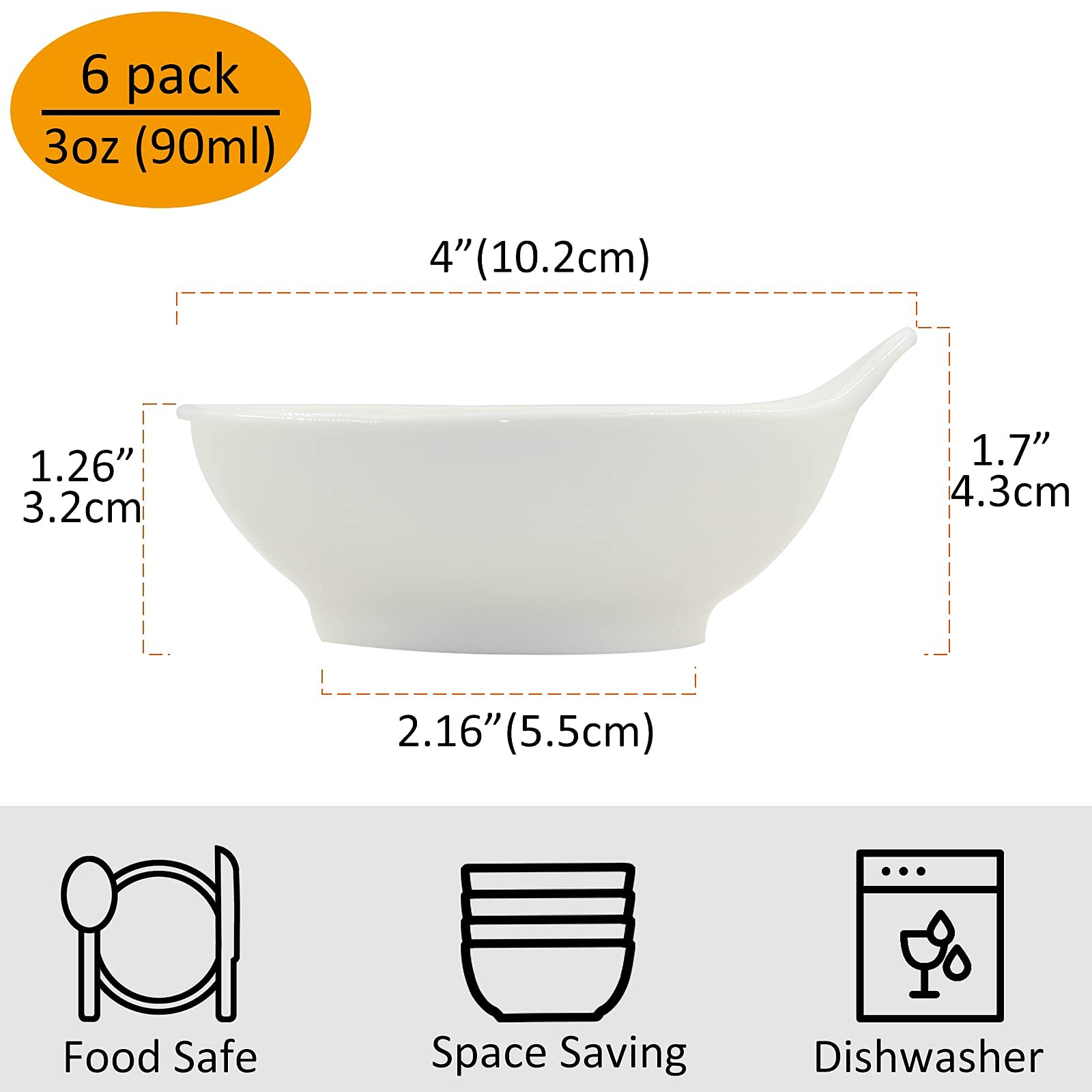 Belinlen 3 Ounce 6 Pack Porcelain Soy Sauce Dish Ceramic Dip Bowls Set Porcelain Dip Mini Bowls Soy Sauce Dish/Bowls with Handles - Good for Tomato Sauce, Soy, BBQ and Other Party Dinner (White)