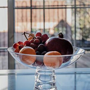 Huang Acrylic Clear Large Round Fruit Bowl with Multifunctional Removable Pedestal | Decorative Kitchen Table or Countertop Centerpiece Stand | 10.5 x 10.5 x 5.5 inches