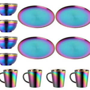 Dinnerware Sets Plates And Bowls Espresso Cups, Stainless Steel Dishes Pasta Bowls Insulated Coffee Mugs Set of 4, 12 Pcs Kitchen Essentials For Home Apartment Wedding Buyer Star, Rainbow