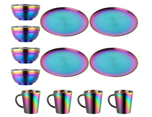 Dinnerware Sets Plates And Bowls Espresso Cups, Stainless Steel Dishes Pasta Bowls Insulated Coffee Mugs Set of 4, 12 Pcs Kitchen Essentials For Home Apartment Wedding Buyer Star, Rainbow