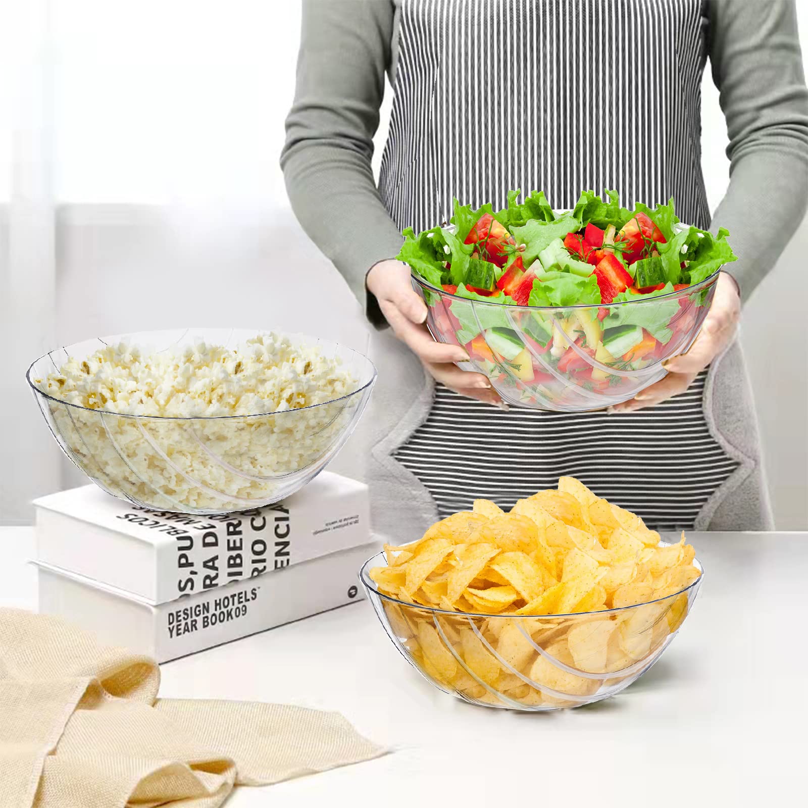 Lyellfe 4 Pack Large Salad Bowls, 135 OZ Plastic Salad Bowls, Mixing and Serving Bowls, Chip Bowls for Party, Round 10 Inch Serving Bowls for Cereal, Salad, Soup and Popcorn