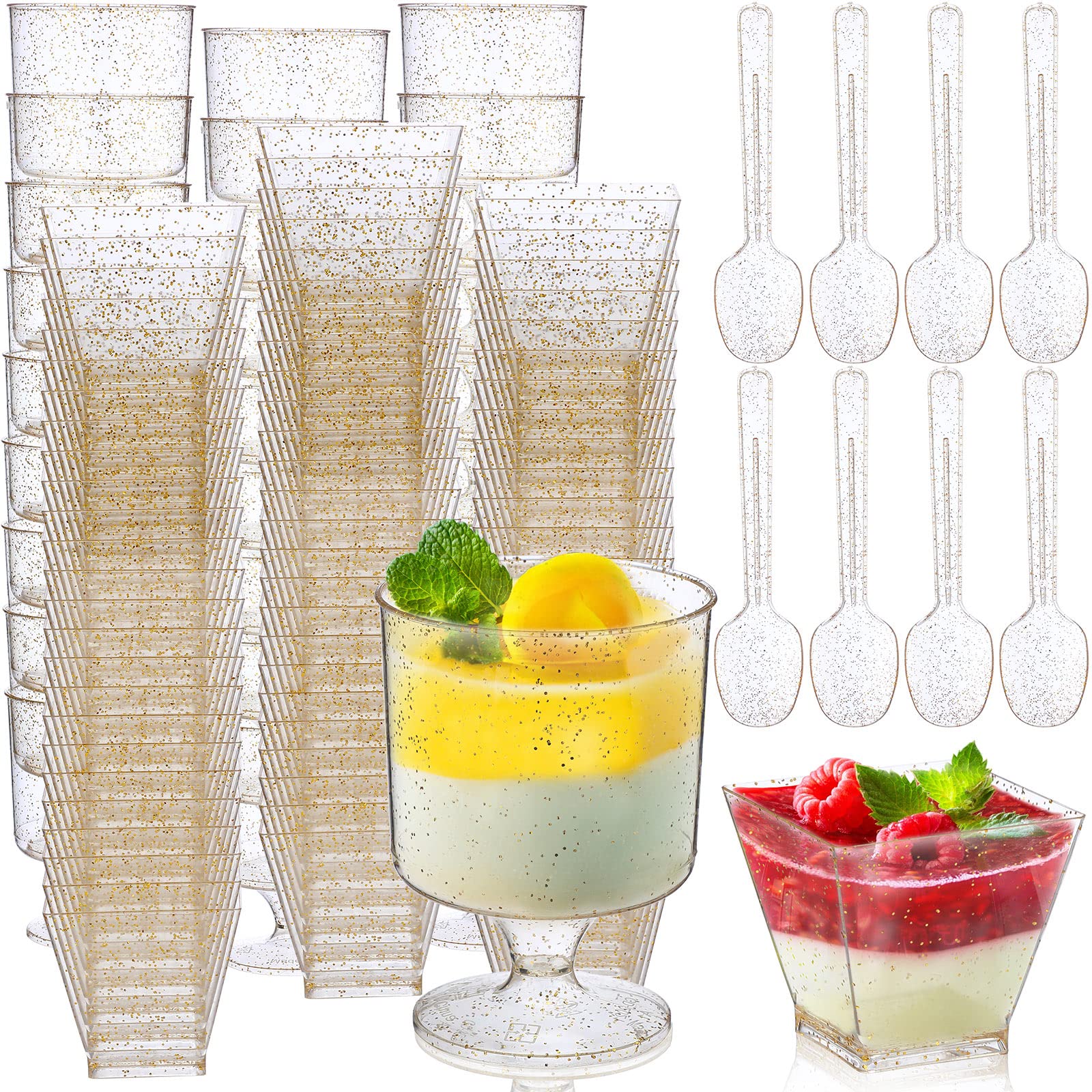 100 Pcs Plastic Dessert Cups with 100 Pcs Spoons Gold Glitter Goblet Square Cups 2 oz 5 oz Pudding Wine Dessert Bowls Dessert Containers for Birthdays, Wedding Party Supplies, 2 Styles