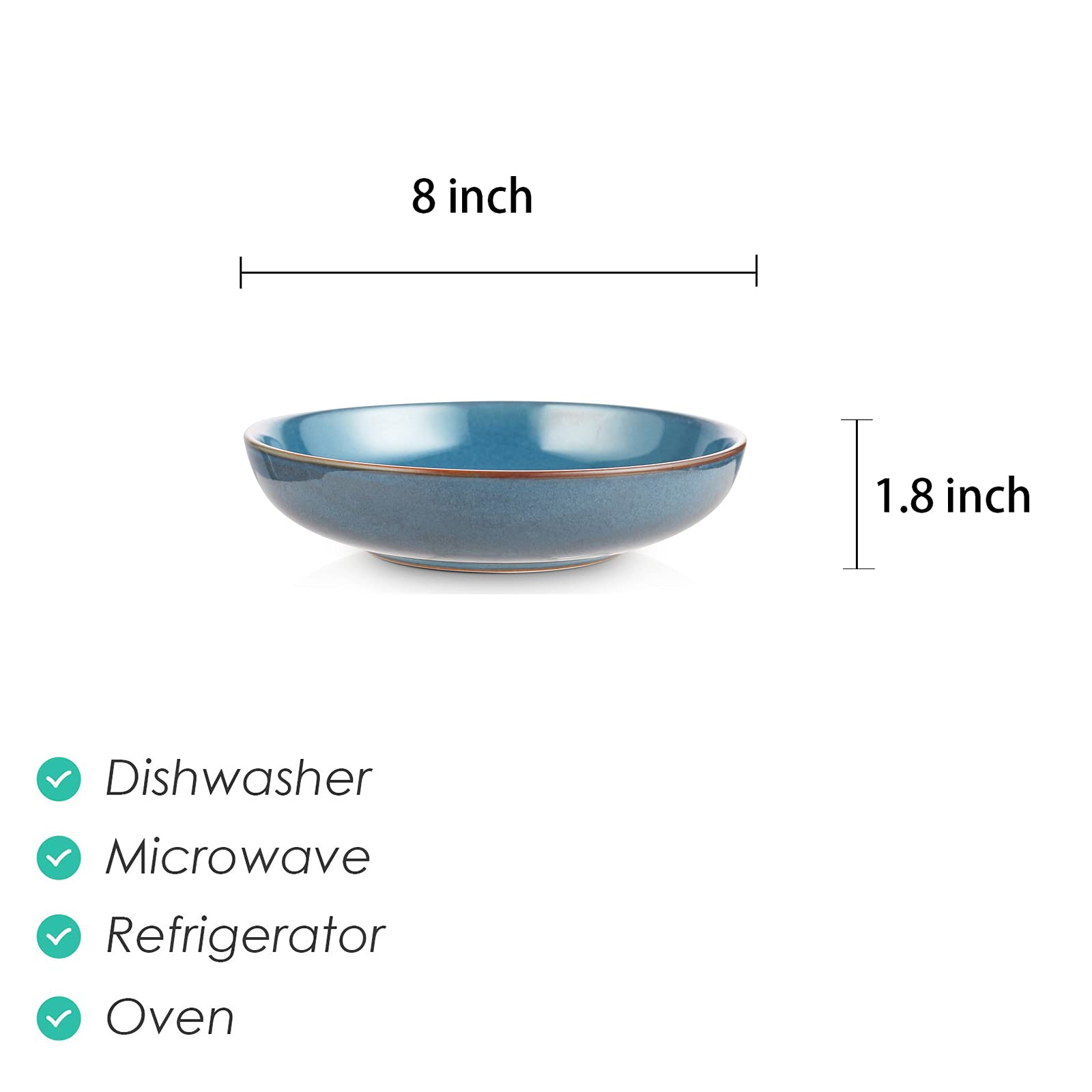 Selamica Ceramic 8 inch Pasta Bowls, 26 Ounce Large Serving Bowl Porcelain Salad Bowls, Dishwasher Microwave Safe, Set of 6(Ceylon Blue)