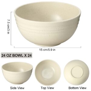 Eccliy 24 Pcs Unbreakable Cereal Bowls 24oz Reusable Bowls for Kitchen Wheat Straw Fiber Soup Bowls Lightweight Plastic Bowls, Microwave and Dishwasher Safe, for Ramen Salad (White)