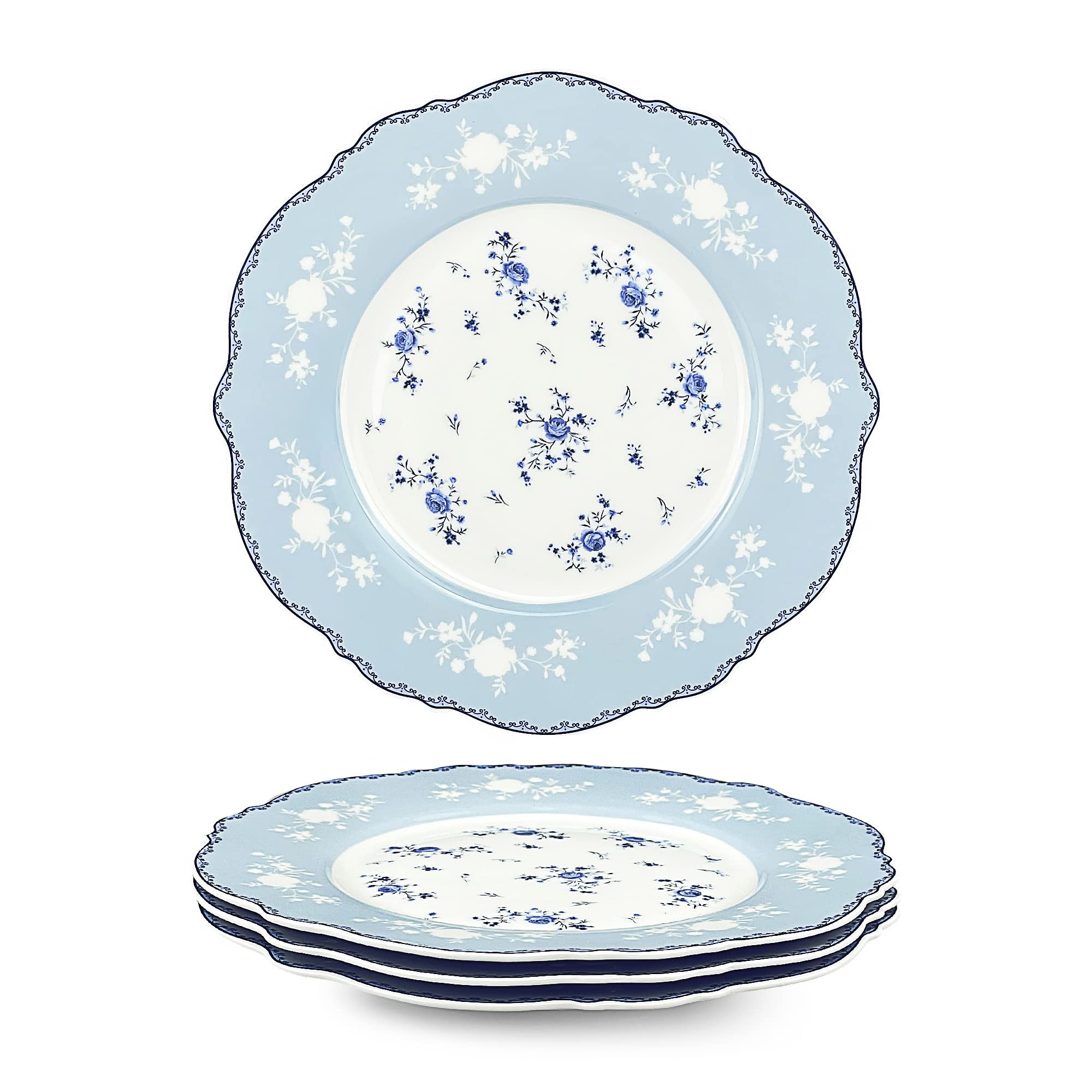 fanquare 8 Inch Porcelain Dessert Plates Set of 4, Lace Serving Bowls Set for Salad, Soup, Pasta, Snack, Blue Roses