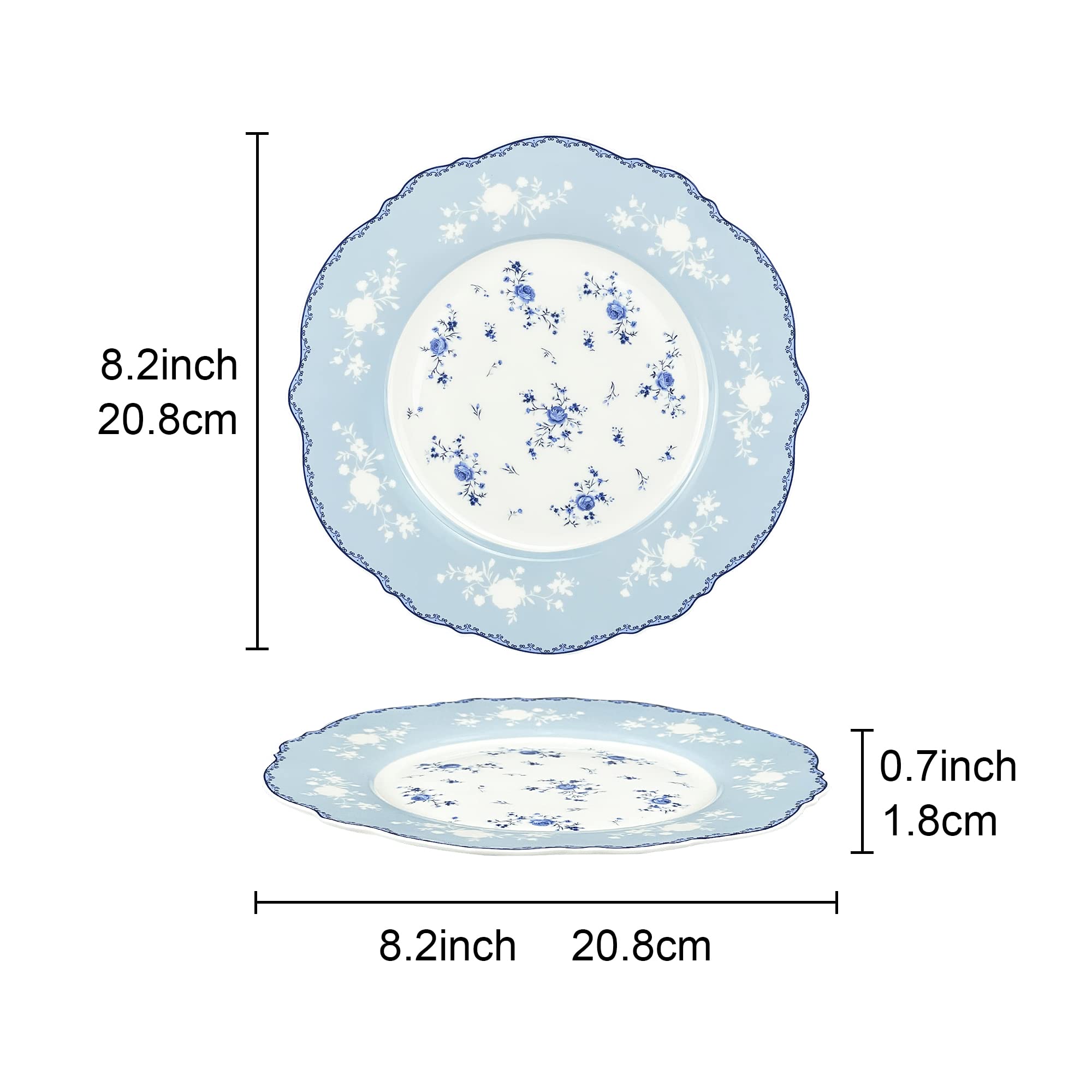 fanquare 8 Inch Porcelain Dessert Plates Set of 4, Lace Serving Bowls Set for Salad, Soup, Pasta, Snack, Blue Roses